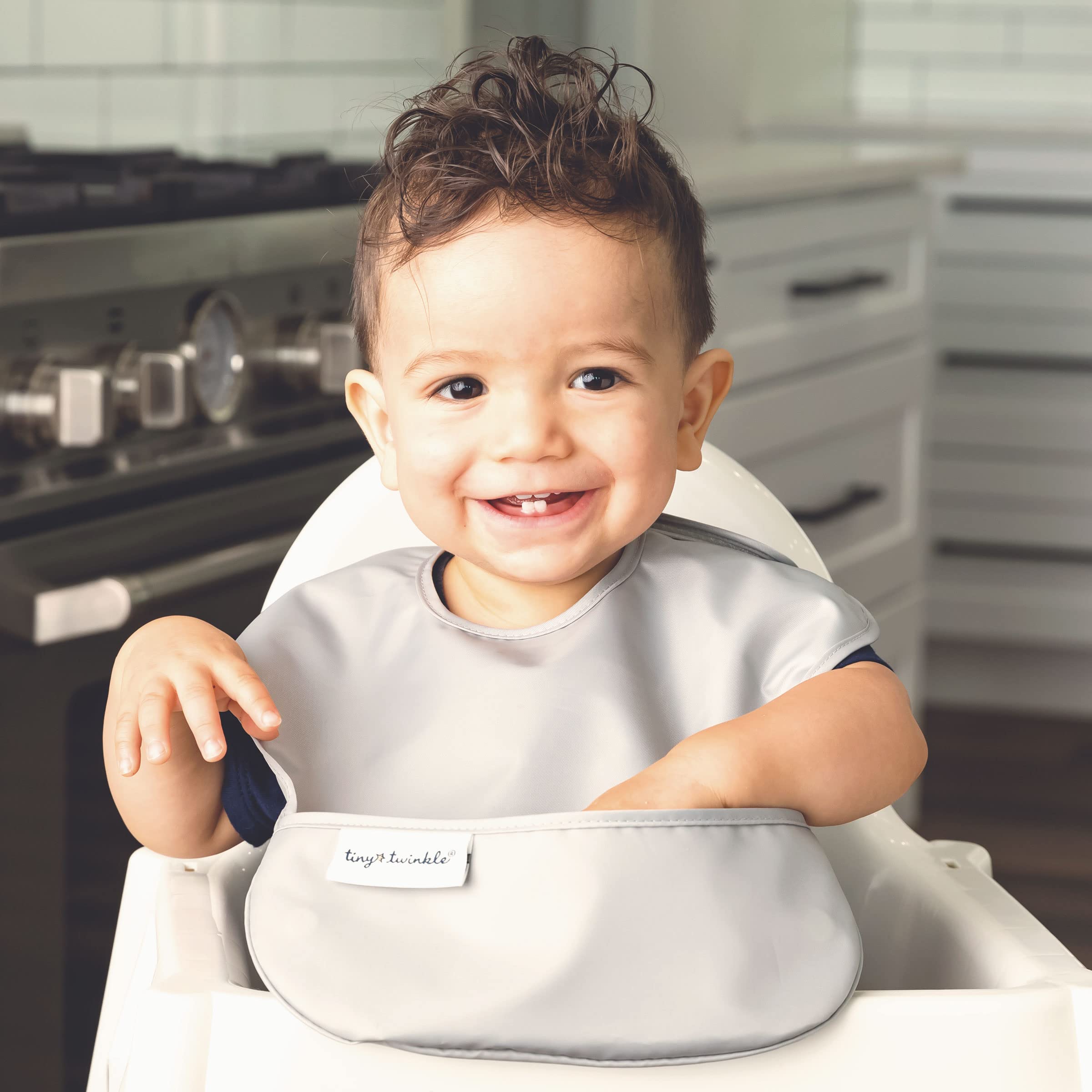 Tiny Twinkle Mess-Proof Baby Bib - Waterproof Bib for Baby Boy or Girl - Machine Washable - Adjustable Closure - PVC, BPA, & Phthalate Free - Great for Travel - Baby Food Bibs (3 Pack, Space)