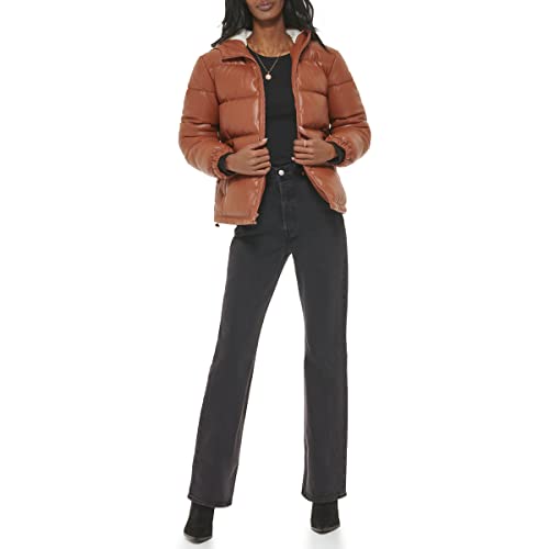 Levi's Women's Vegan Leather Quilted Hooded Puffer, Camel, X-Large