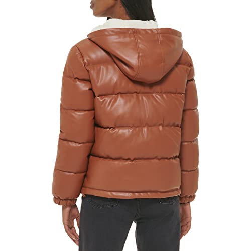 Levi's Women's Vegan Leather Quilted Hooded Puffer, Camel, X-Large