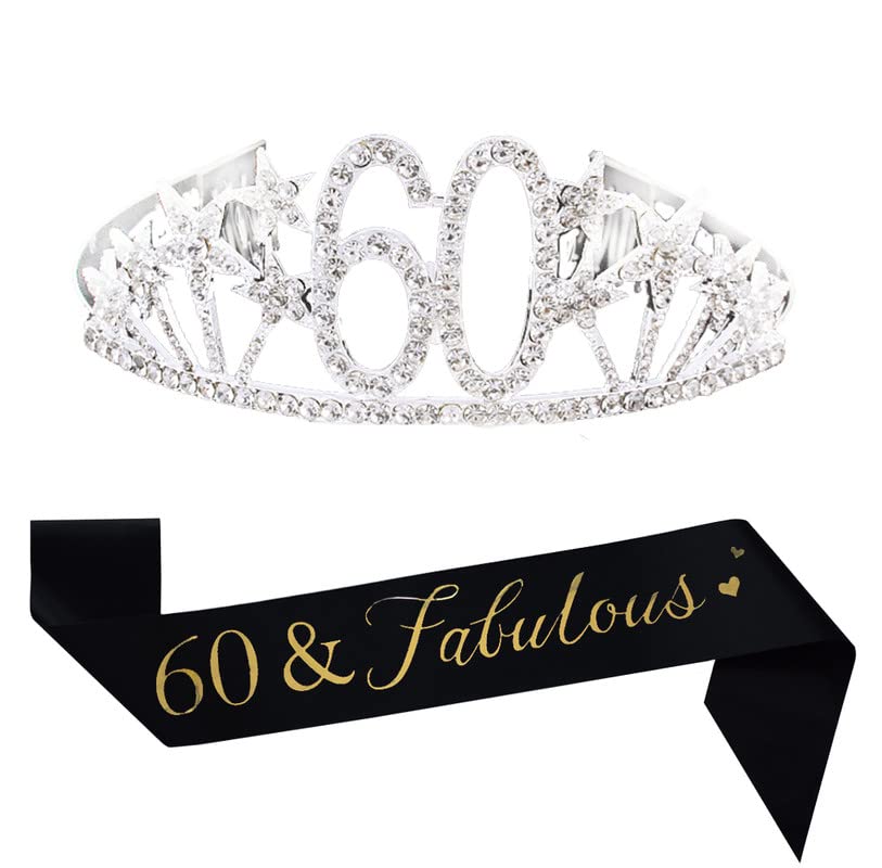 Happy 60th Birthday Tiara and Sash Gifts Crystal Rhinestone Princess Crown Birthday Queen Party Favor Supplies Silver Crowns Black Sash