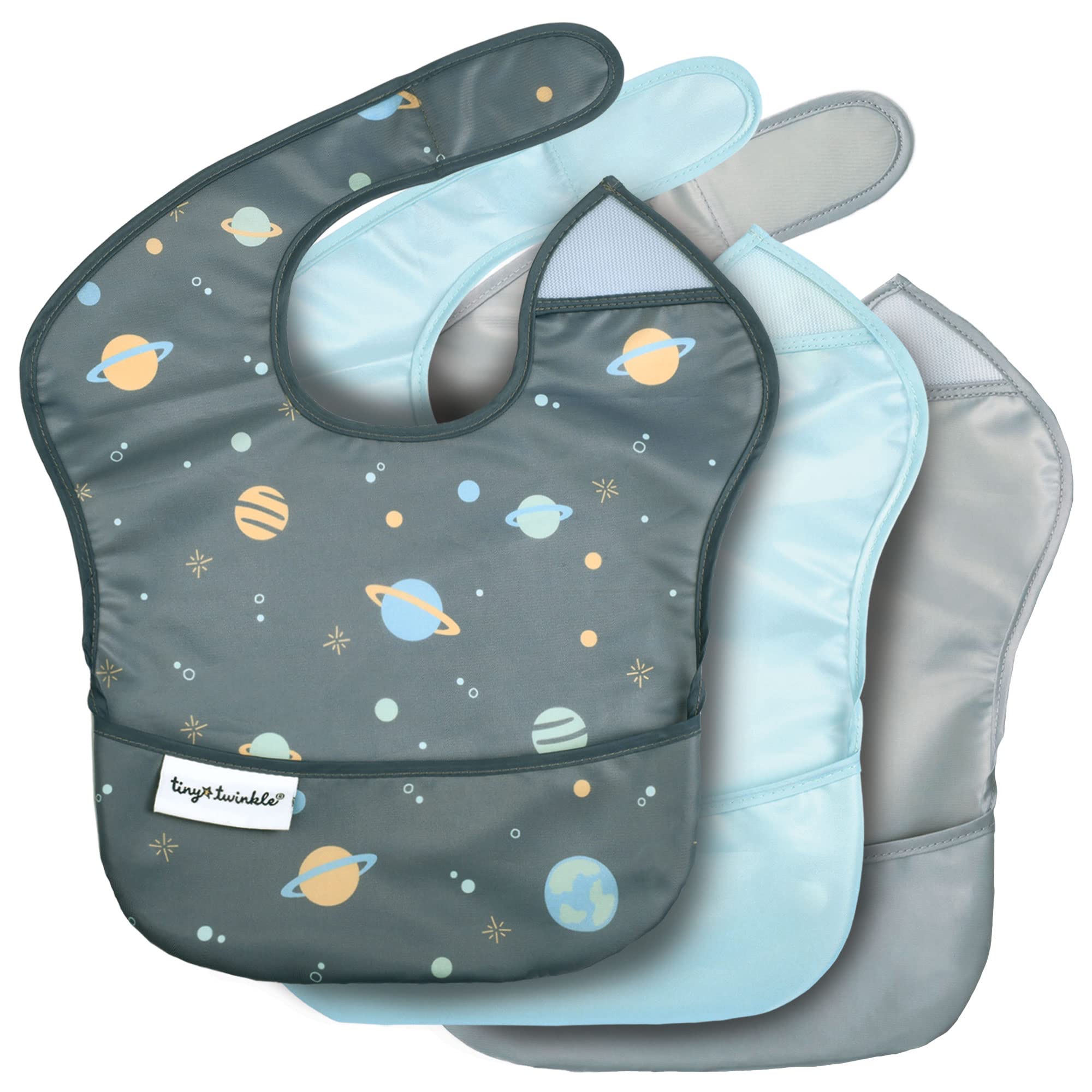 Tiny Twinkle Mess-Proof Baby Bib - Waterproof Bib for Baby Boy or Girl - Machine Washable - Adjustable Closure - PVC, BPA, & Phthalate Free - Great for Travel - Baby Food Bibs (3 Pack, Space)
