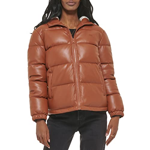 Levi's Women's Vegan Leather Quilted Hooded Puffer, Camel, X-Large