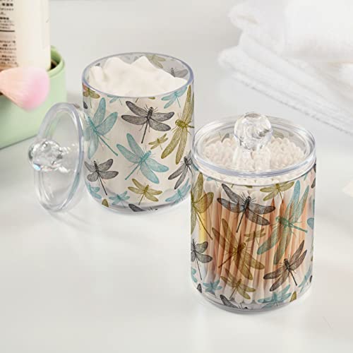 UMIRIKO Dragonfly Qtip Holder Dispenser for Cotton Swabs with Lids 2 Pack, Plastic Apothecary Jars for Cotton Ball, Pads, Floss H080239