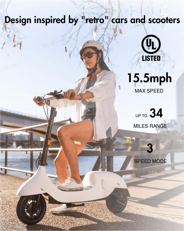 OKAI | Ceetle Pro | Electric Scooter with Seat | Up to 35 Miles Range | 15.5MPH | Stylish Moped Scooter | 10 inch Vacuum Tires | White | UL 2272 Certified