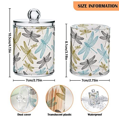 UMIRIKO Dragonfly Qtip Holder Dispenser for Cotton Swabs with Lids 2 Pack, Plastic Apothecary Jars for Cotton Ball, Pads, Floss H080239