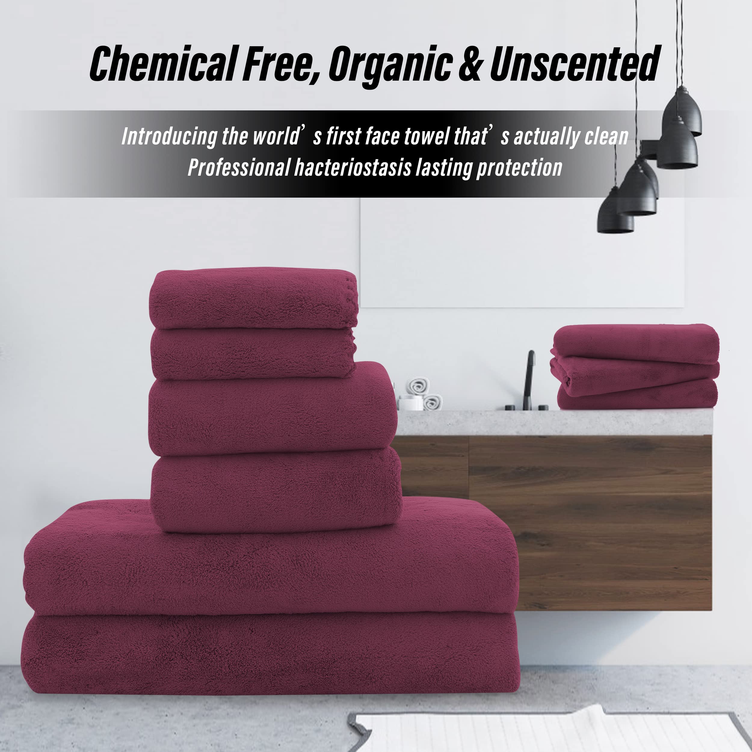 MOONQUEEN Ultra Soft Microfiber Coral Velvet Towel Set - Quick Drying, 2 Bath Towels, 2 Hand Towels, 2 Washcloths - Burgundy, 6 Pcs