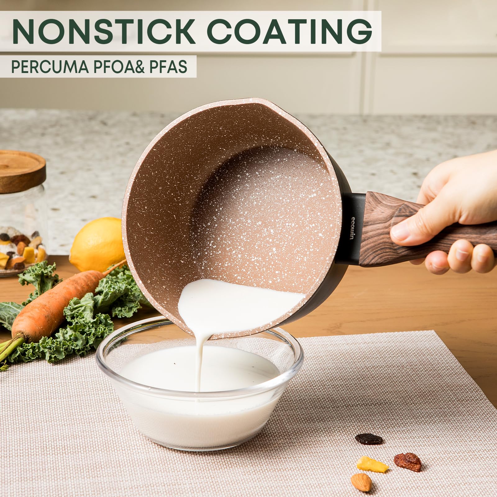 Ecowin 1.5 Quart Saucepan with Lid, Non Stick Small Sauce Pot with Pour Spout, Nonstick Granite Coating Small Pot with Bakelite Handle, Induction Compatible, Dishwasher and Oven Safe, PFOA Free