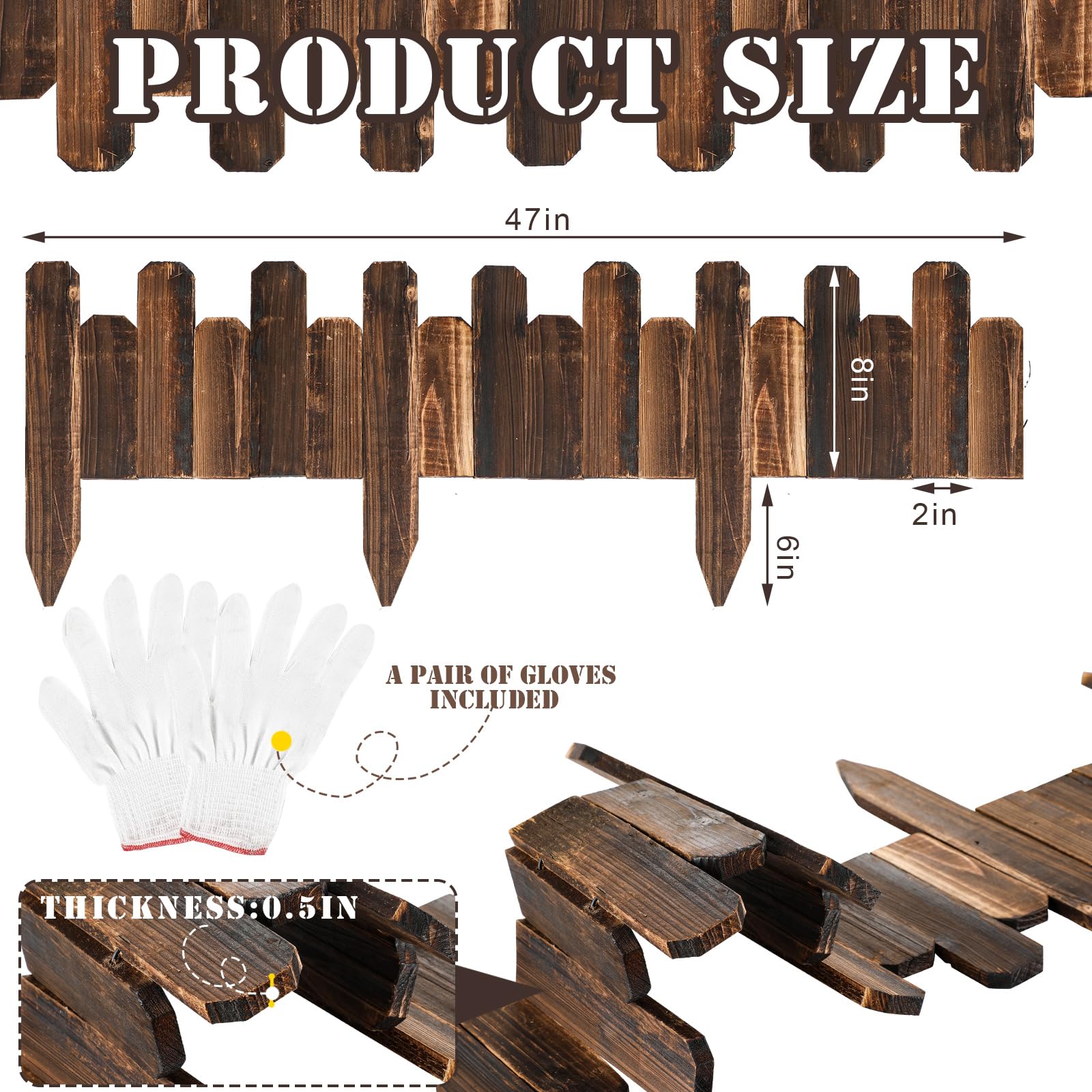 Bucherry 1 Pc Wood Garden Edging Border No Dig Landscape Edging Anti Corrosive Lawn Picket Fence with Gloves Decorative Flower Bed for Yard Patio Pathway Tree Outdoor 7.9 x 47 Inches