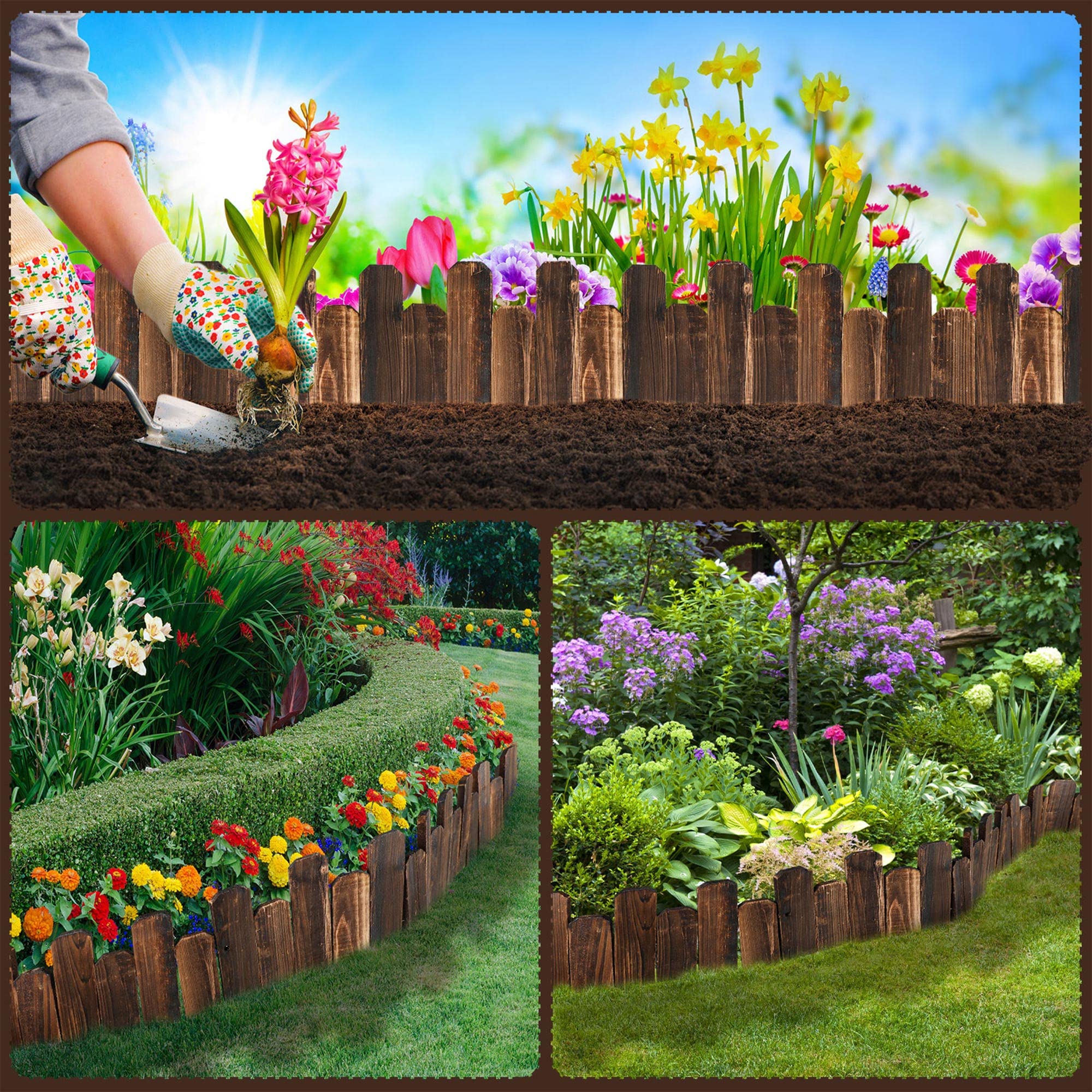Bucherry 1 Pc Wood Garden Edging Border No Dig Landscape Edging Anti Corrosive Lawn Picket Fence with Gloves Decorative Flower Bed for Yard Patio Pathway Tree Outdoor 7.9 x 47 Inches