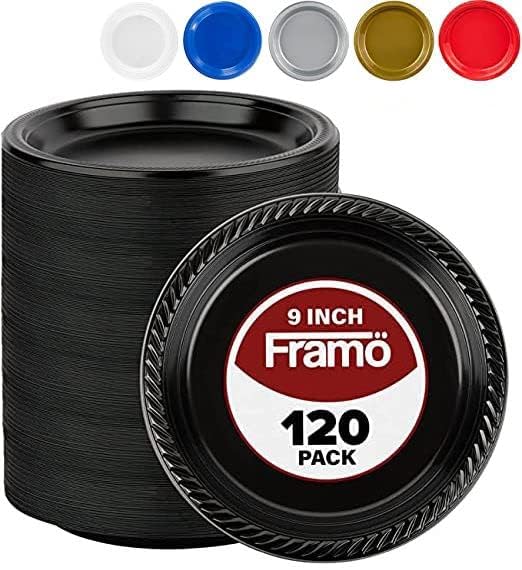 FRAMO Disposable Black Plastic Plates, Pack of 120-9-Inch Round Plastic Plates Special Events, Party, Dinner, Picnic, or Travel - Bulk Pack Party Supplies