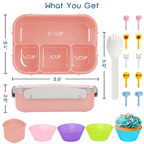 Zekloca Bento Box, 1300ML 4 Compartment Lunch Box Kids, Leak-Proof Design, Microwave/Dishwasher/Freezer Safe, BPA Free, Pink