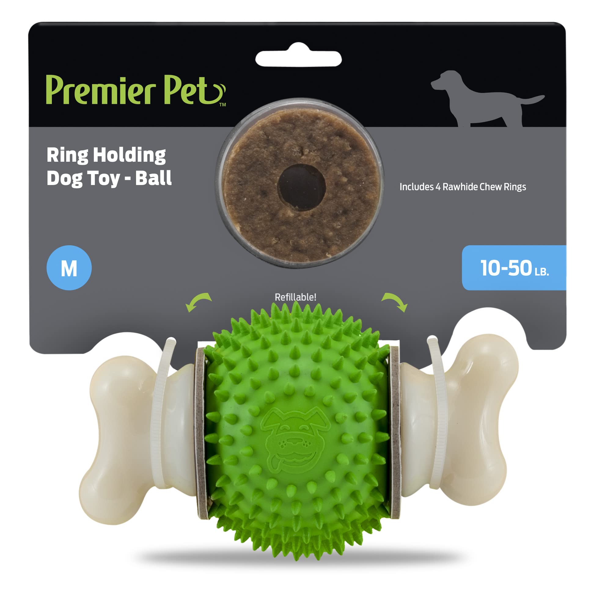 MUHU Premier Pet Ring Holding Dog Toy for Medium Dogs - Ball with Refillable, Rawhide Chew Rings - Durable Treat and Toy Combo for Long-Lasting Play (m)
