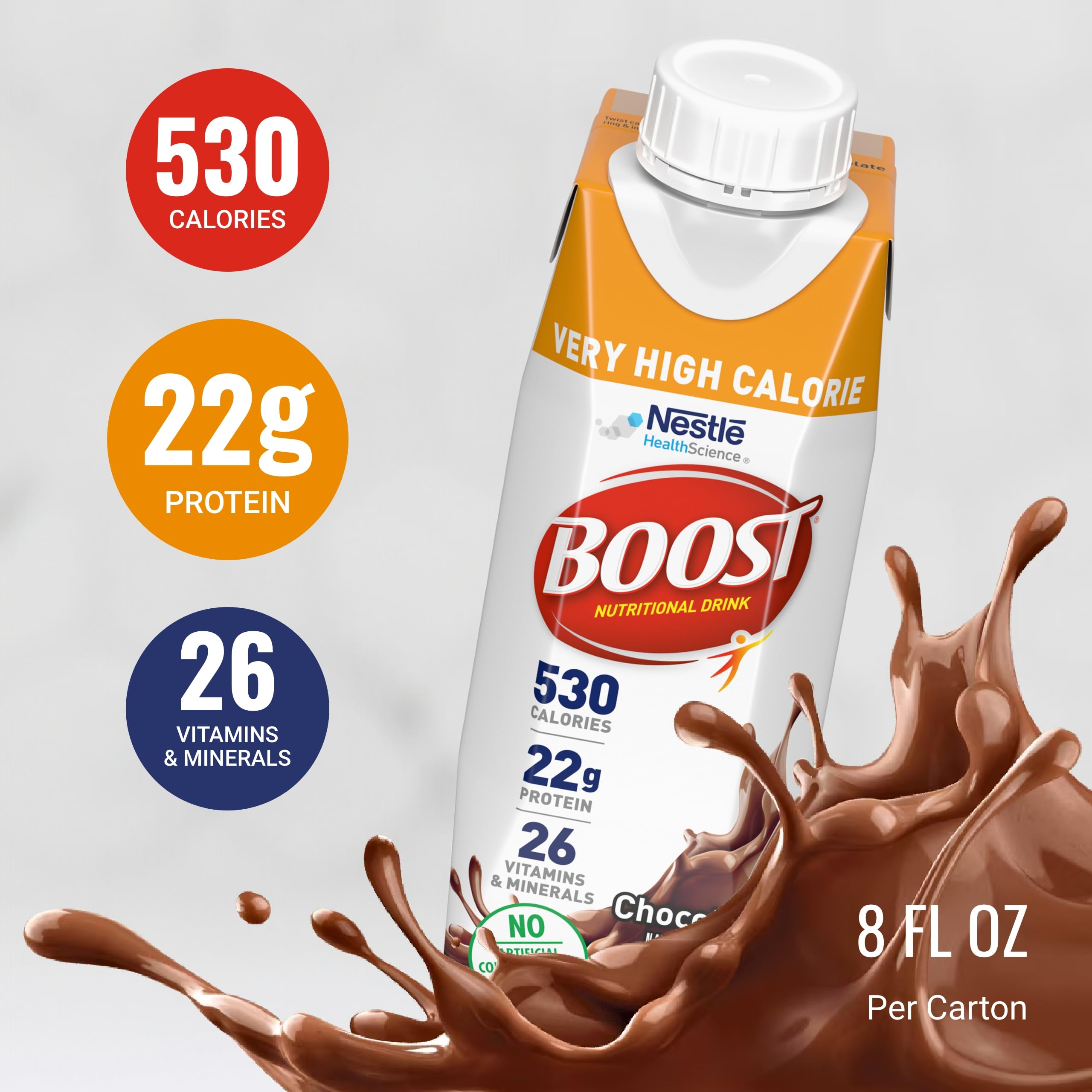BOOST Very High Calorie Nutritional Drink β Helps Weight Gain & Maintenance - 530 Calories - 26 Vitamins & Minerals - 22 g Protein - Calorie-Dense Nutritional Drink - Chocolate - 8 fl oz (Pack of 24)