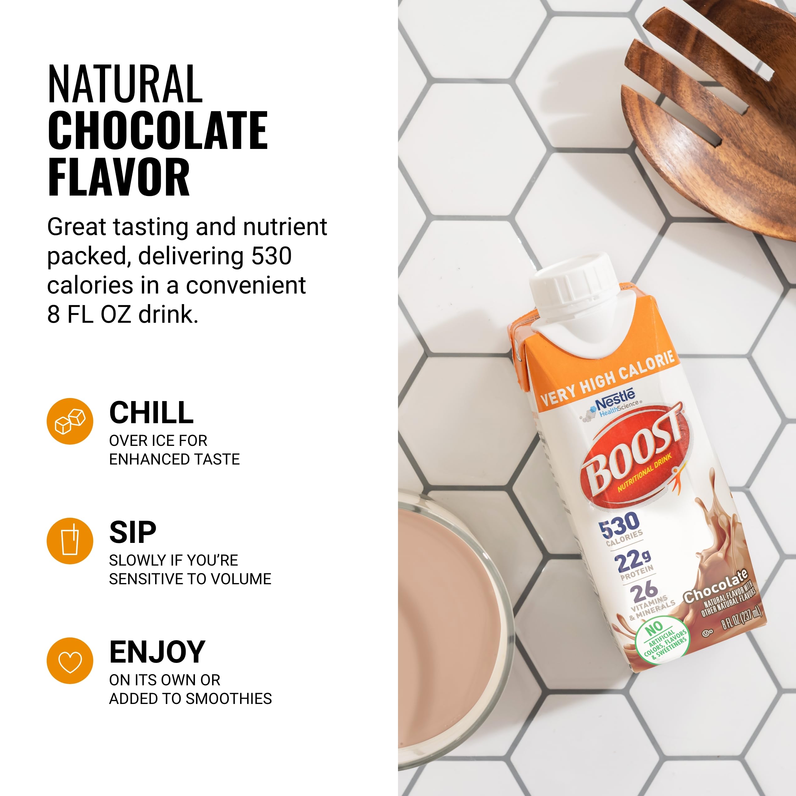 BOOST Very High Calorie Nutritional Drink β Helps Weight Gain & Maintenance - 530 Calories - 26 Vitamins & Minerals - 22 g Protein - Calorie-Dense Nutritional Drink - Chocolate - 8 fl oz (Pack of 24)