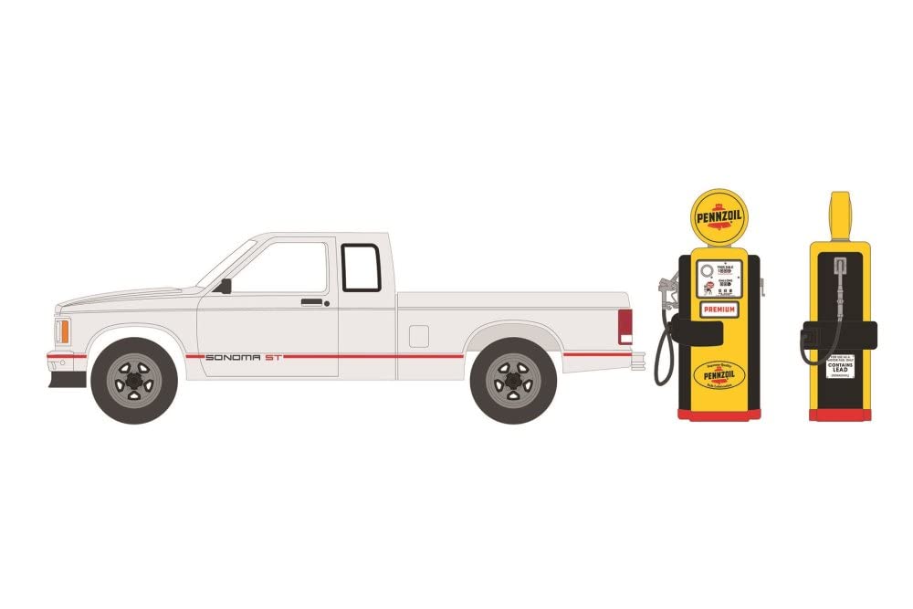 1991 Sonoma ST Pickup Truck & Gas Pump, Greenlight 97120D/48-1/64 Scale Diecast Car