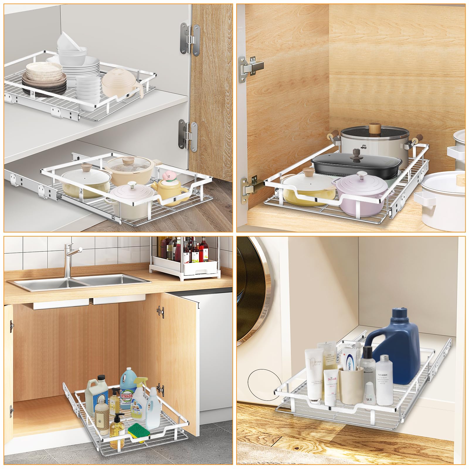 Tksrn Pull Out Cabinet Organizer, Heavy Duty Slide Out Pantry Shelves, Sliding Drawer Storage For Bathroom, Kitchen, Home, 15" W x 21" D, Chrome Finish(NEED 16" W and 22" D Cabinet)