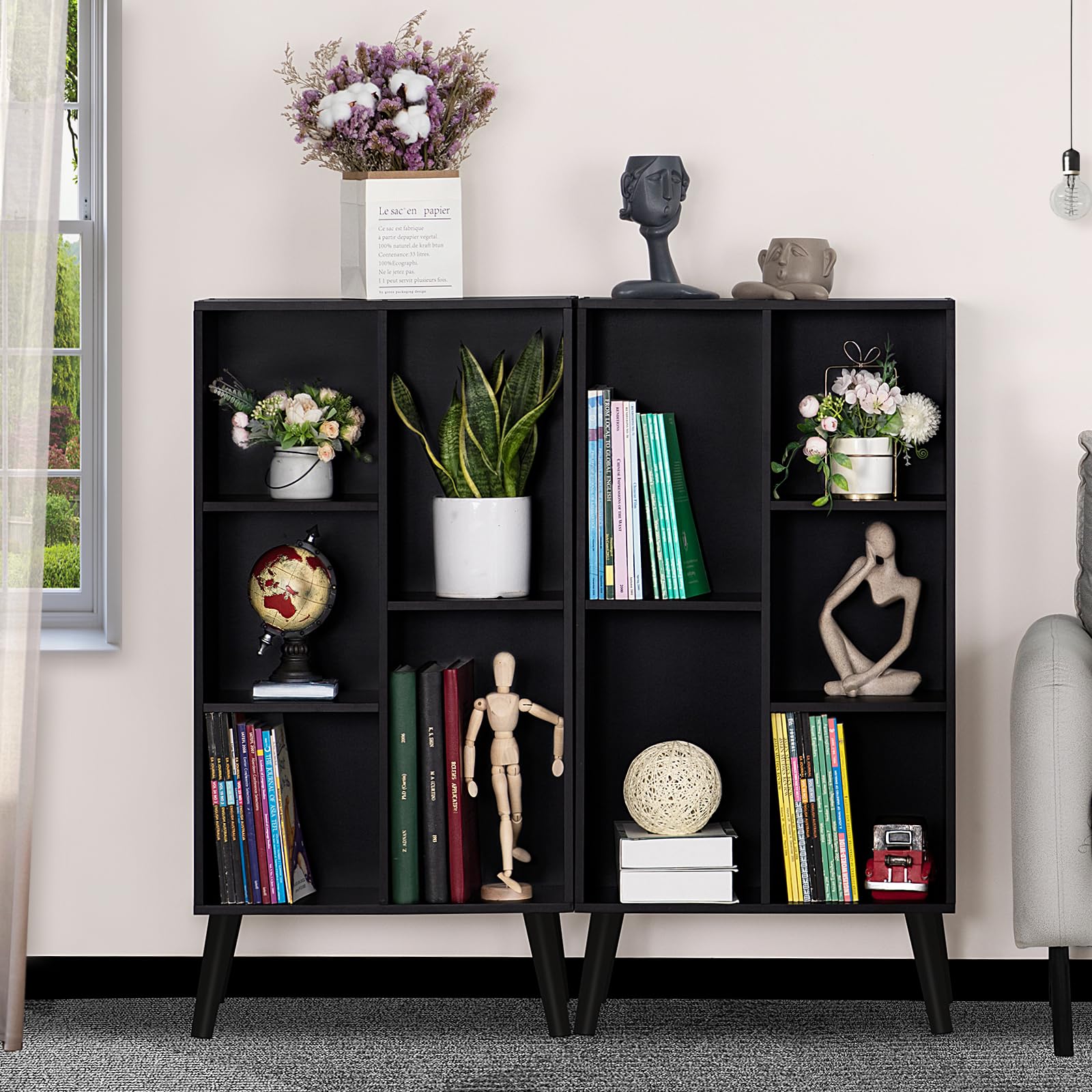 YAHARBO Small Black Narrow Bookshelf,3 Tier Modern Bookcase with Legs,Bookshelves Wood Storage Shelf,Rustic Book Shelves Cube Organizer,Display Bookcase