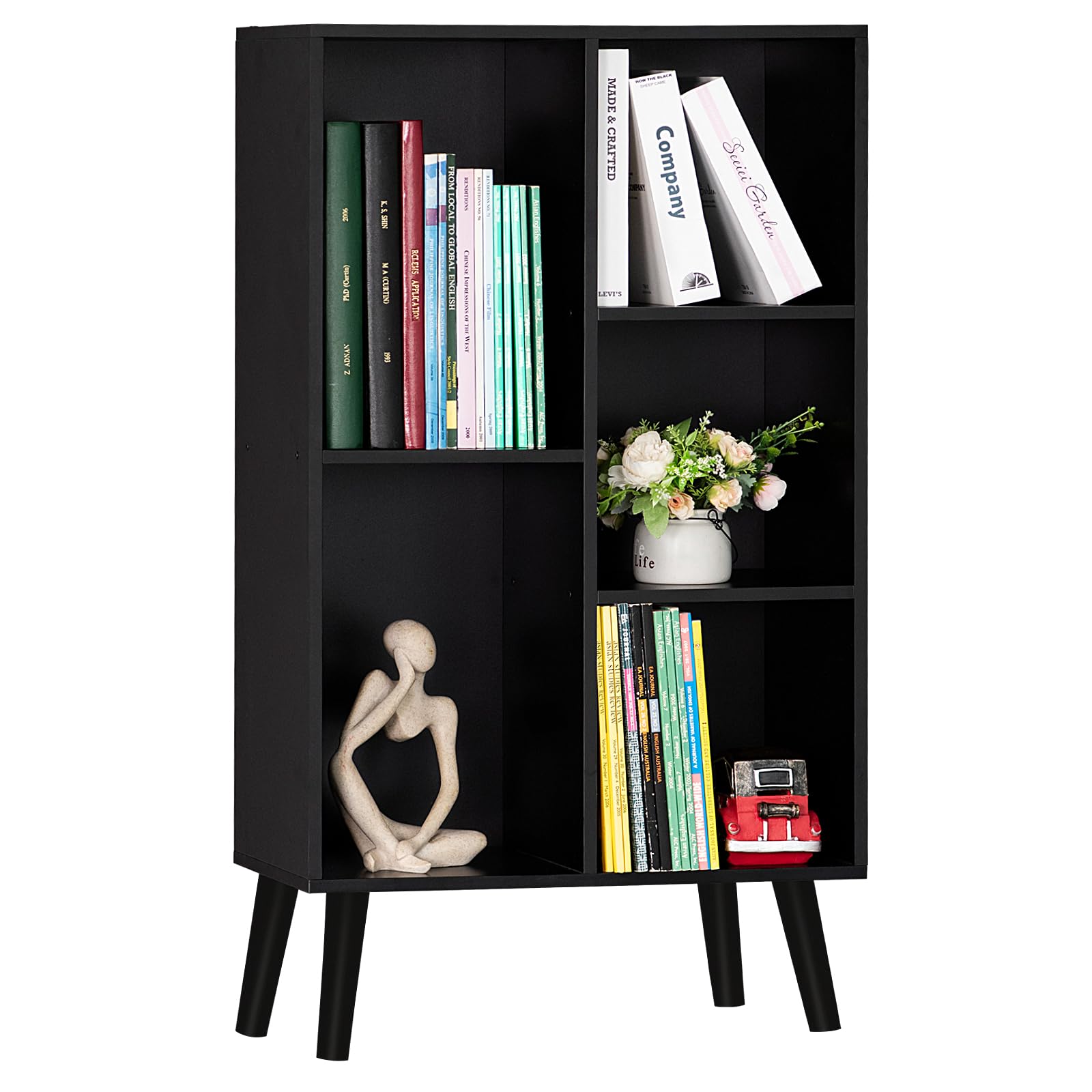 YAHARBO Small Black Narrow Bookshelf,3 Tier Modern Bookcase with Legs,Bookshelves Wood Storage Shelf,Rustic Book Shelves Cube Organizer,Display Bookcase