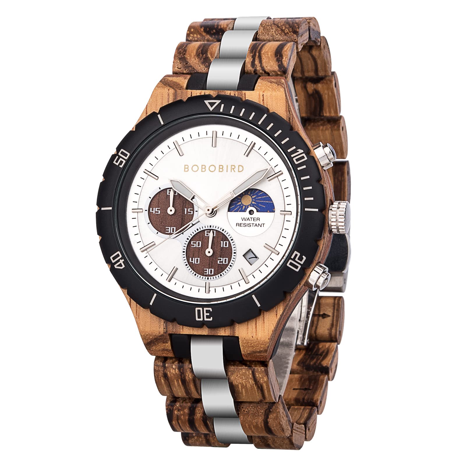 BOBO BIRD Mens Quartz Wooden Watches Stainless Steel Red Sandalwood Alloy Wood Watch for Male Classic Function Wristwatch Chronograph Luminous Hands (Silver)
