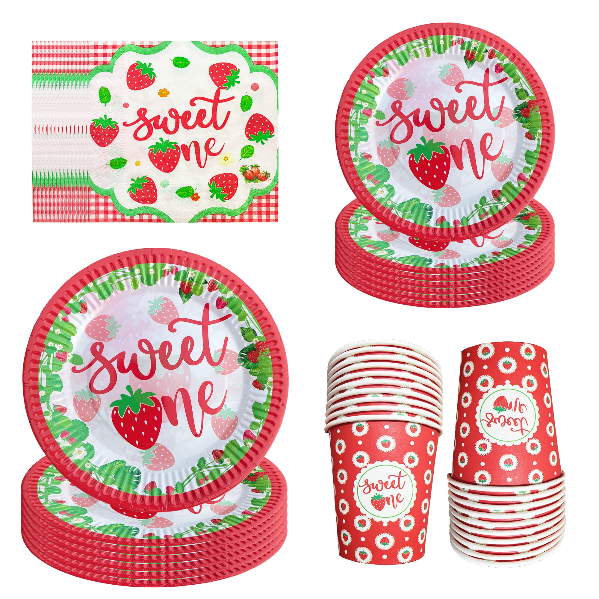 Strawberry Theme Birthday Decoration, Sweet One Birthday Supplies. 40pcs Paper Plates, 20pcs Cups. 20pcs Napkins, Strawberry Themed Plates,Cups And Napkins,Serve 20 Guests