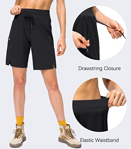 Women's Hiking Long Shorts 9" Quick Dry Cargo Bermuda Shorts Lightweight Knee Length with Zipper Pockets for Women(Black,M)