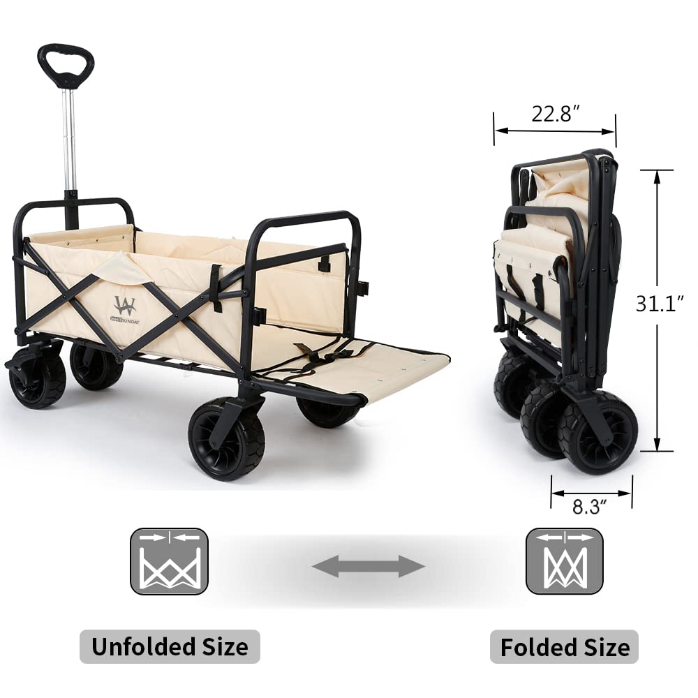 WHITSUNDAY Collapsible Folding Garden Outdoor Park Utility Wagon Picnic Camping Cart with 8β Bearing Fat Wheel and Brake (Standard Size(Plus+) 8" Wheels with Tailgate (Beige)