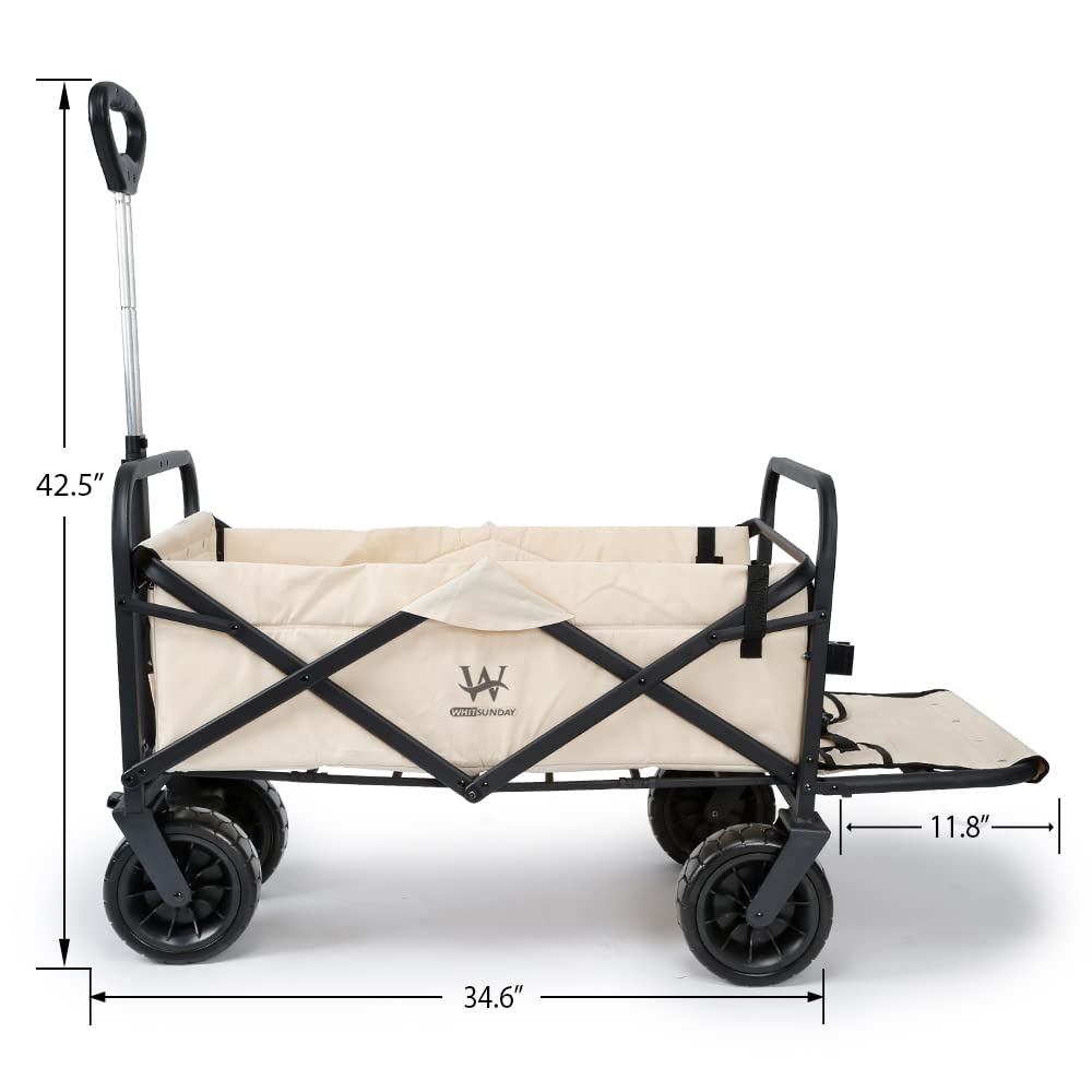 WHITSUNDAY Collapsible Folding Garden Outdoor Park Utility Wagon Picnic Camping Cart with 8β Bearing Fat Wheel and Brake (Standard Size(Plus+) 8" Wheels with Tailgate (Beige)
