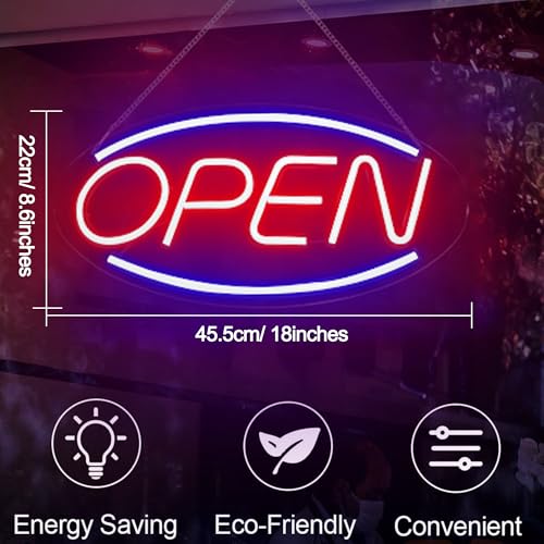 Large LED Neon Open Sign 18"x 8.6" for Business, Powered by USB with ON/OFF Switch Adjustable Brightness Open Neon Lights for Party Bar Salon Hotel Stores Window Wall Decor