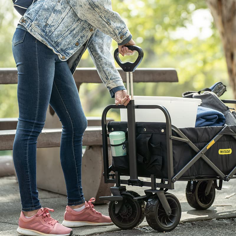 WHITSUNDAY Collapsible Folding Garden Outdoor Park Utility Wagon Picnic Camping Cart with 8β Bearing Fat Wheel and Brake (Standard Size(Plus+) 8" Wheels with Tailgate (Beige)