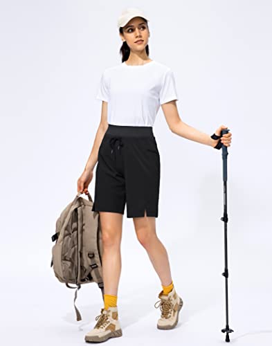 Women's Hiking Long Shorts 9" Quick Dry Cargo Bermuda Shorts Lightweight Knee Length with Zipper Pockets for Women(Black,M)