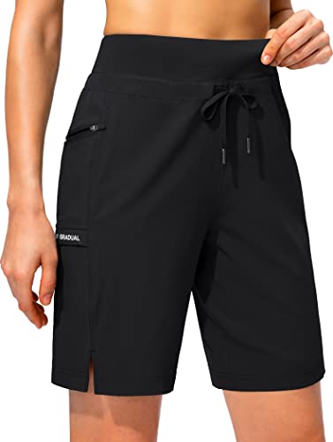 Women's Hiking Long Shorts 9" Quick Dry Cargo Bermuda Shorts Lightweight Knee Length with Zipper Pockets for Women(Black,M)