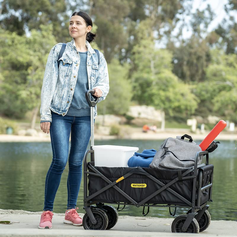 WHITSUNDAY Collapsible Folding Garden Outdoor Park Utility Wagon Picnic Camping Cart with 8β Bearing Fat Wheel and Brake (Standard Size(Plus+) 8" Wheels with Tailgate (Beige)