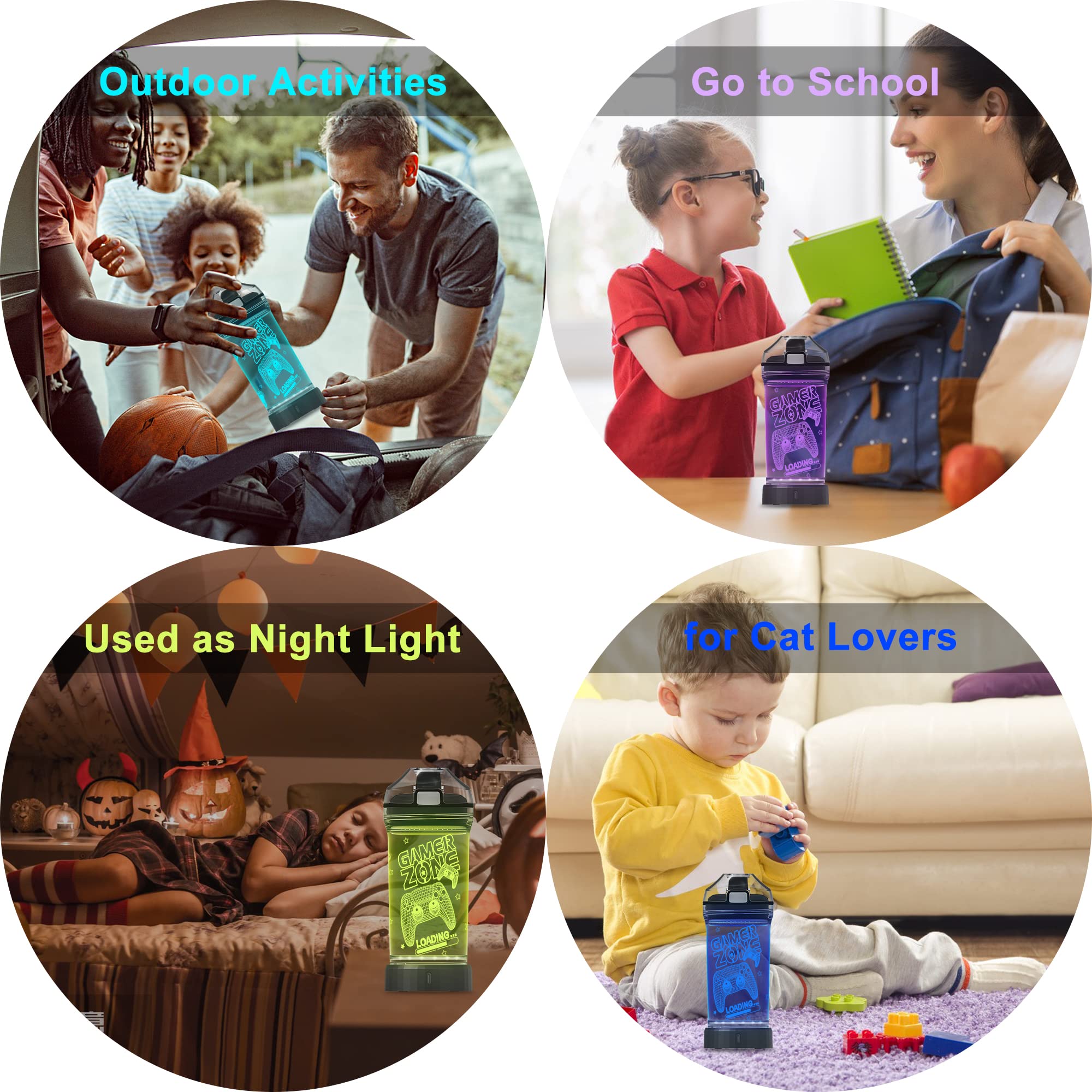 YuanDian Gamer Zone Water Bottle for Boys, Controller 7 Color Lights 3D Light up Drinking Cups Gifts for Gamers Men, BPA Free & Leak Proof Flip Top Lid & Easy Clean & Carry Handle, 14oz/ 400ml
