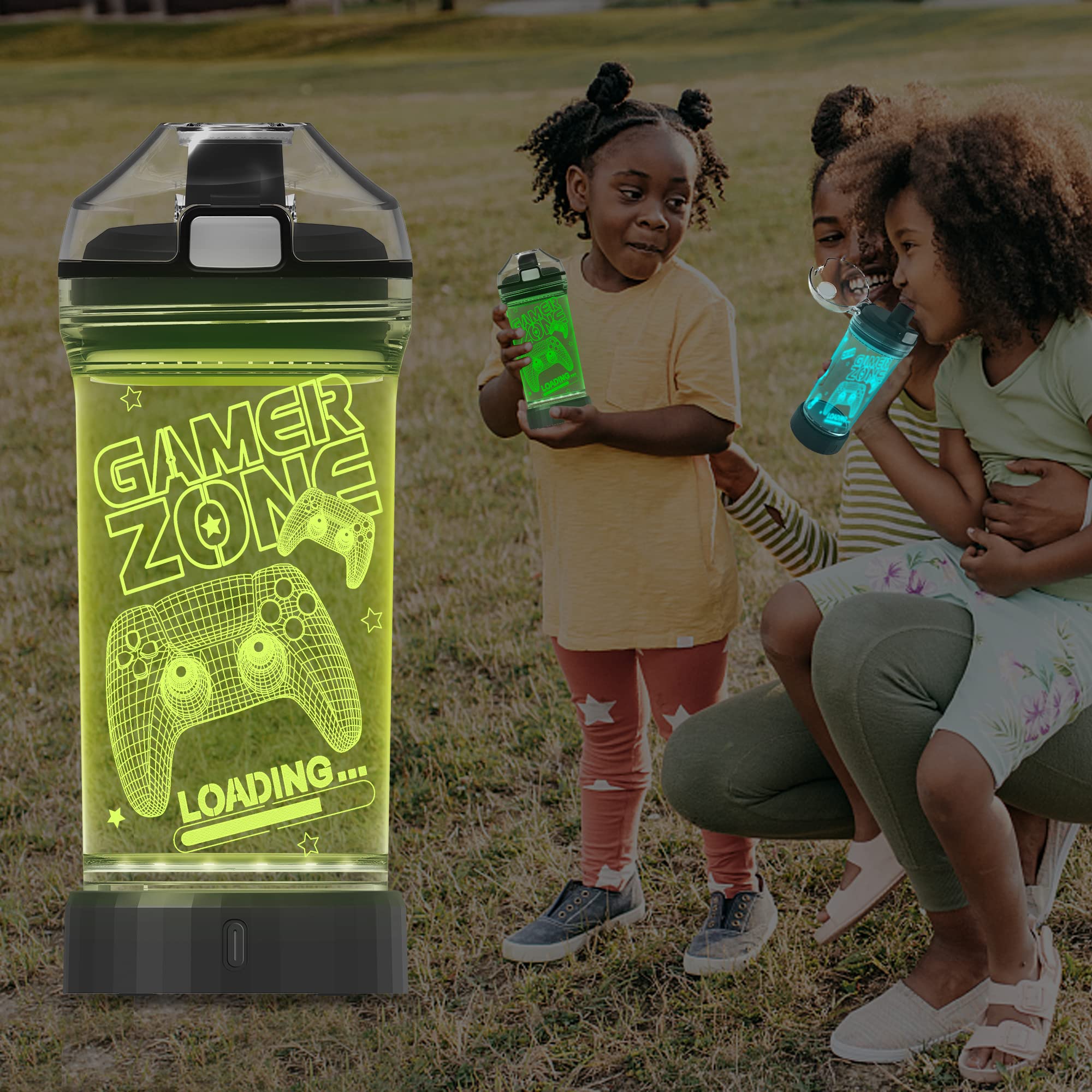 YuanDian Gamer Zone Water Bottle for Boys, Controller 7 Color Lights 3D Light up Drinking Cups Gifts for Gamers Men, BPA Free & Leak Proof Flip Top Lid & Easy Clean & Carry Handle, 14oz/ 400ml