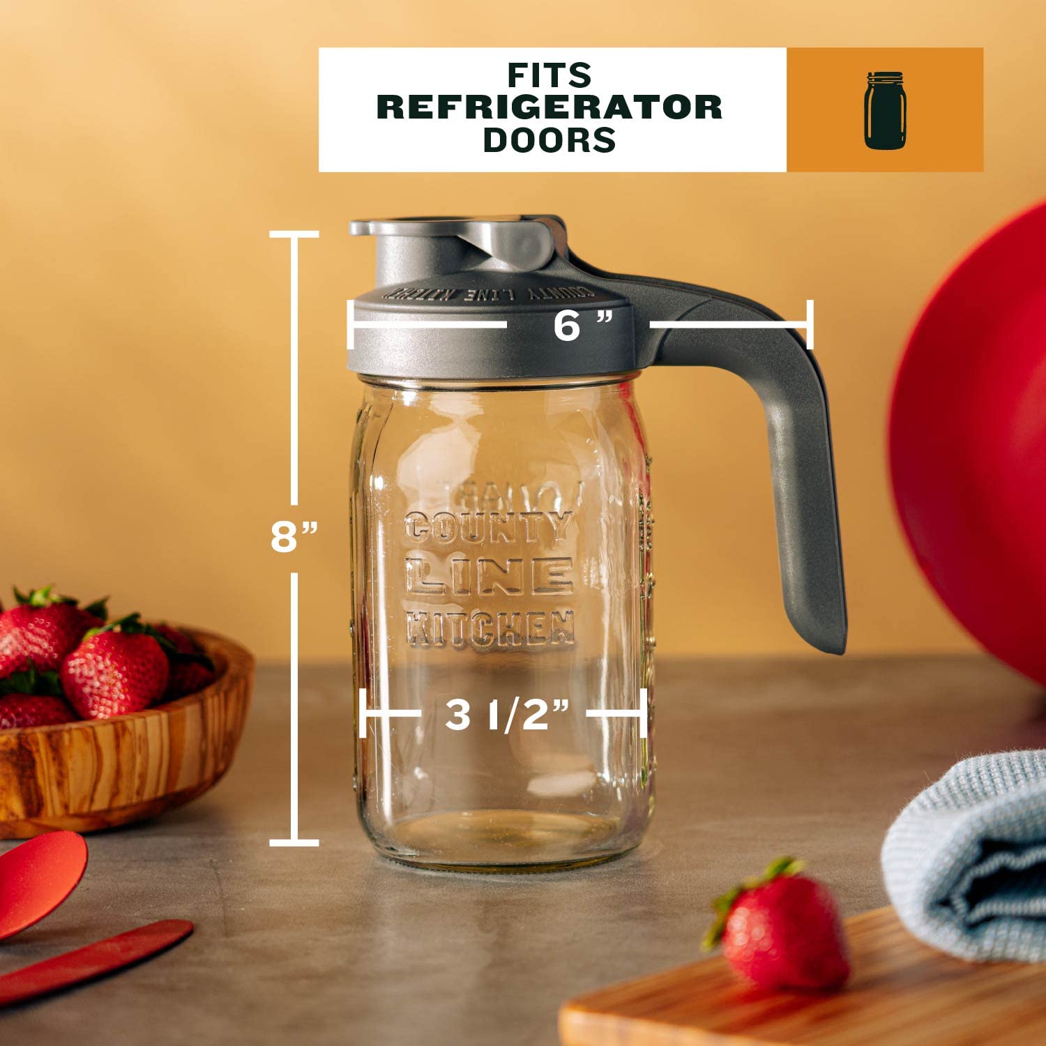 County Line Kitchen Glass Mason Jar Pitcher with Lid - Wide Mouth, 1 Quart (32 oz) - Heavy Duty, Leak Proof - Sun & Iced Tea Pitcher, Cold Brew Coffee, Breast Milk Storage, Water - Gray