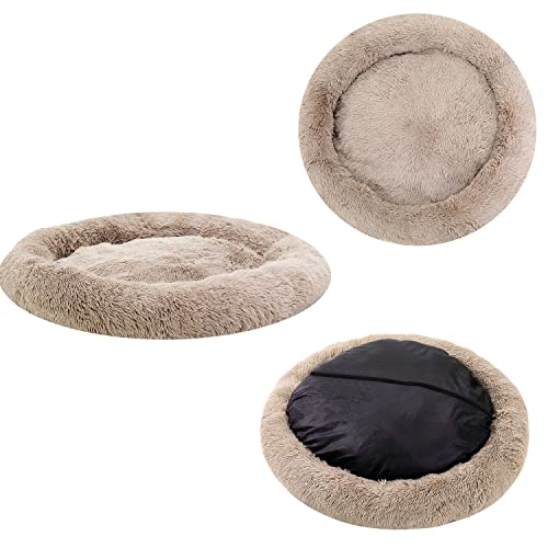 Bonteck Calming Dog Beds for Small Medium Large Dogs - Round Donut Machine Washable Dog Bed, Anti-Slip Faux Fur Fluffy Donut Cuddler Cat Bed, Multiple Sizes S-XL