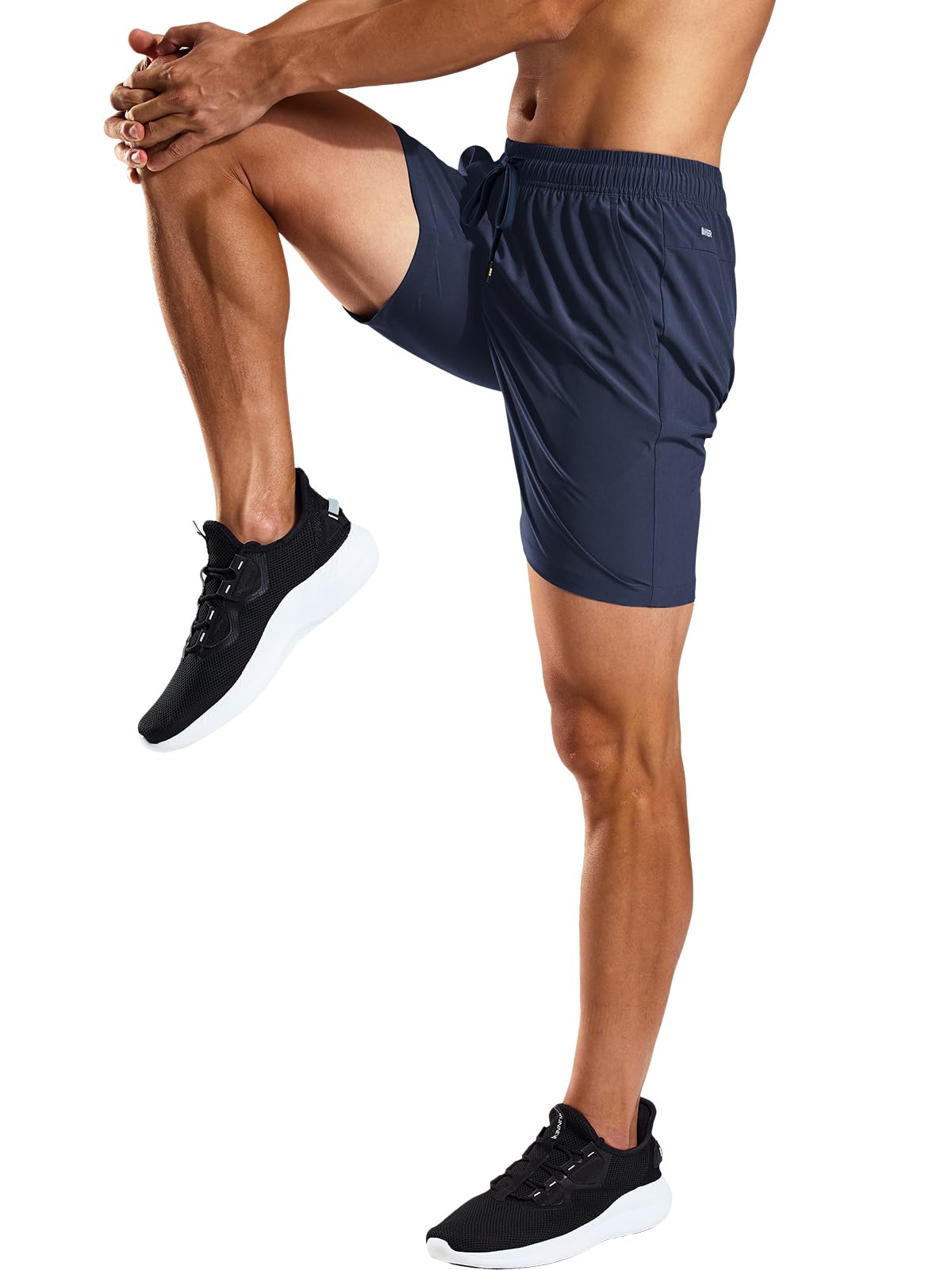 MIER Men's 7 Inch Dry Fit Athletic Running Shorts with Zipper Pockets - No Liner Workout Gym Active Shorts, Navy Blue, M