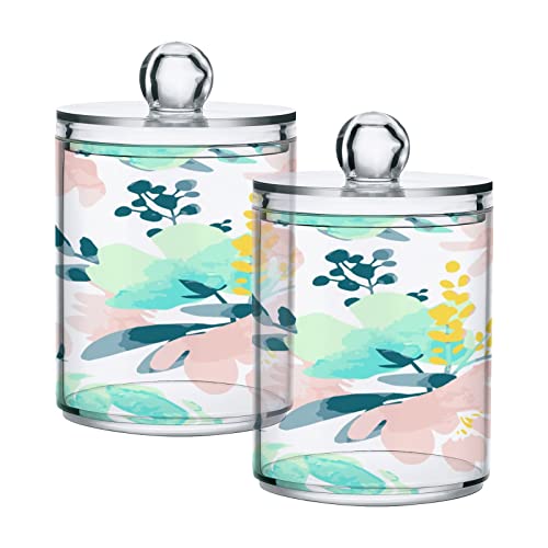 Watercolour Floral Apothecary Jars with Lids, 2 Pack Qtip Holder Dispenser Cotton Ball, Cotton Swab, Floss - 14 oz Clear Plastic Countertop Canister for Bathroom Organizer and Storage Containers