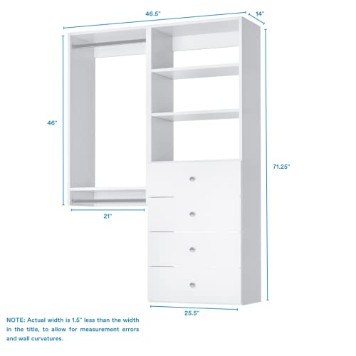 Closet Kit with Hanging Rods, Shelves & Drawers - Corner Closet System - Closet Shelves - Closet Organizers and Storage Shelves (White, 48 inches Wide) Closet Shelving