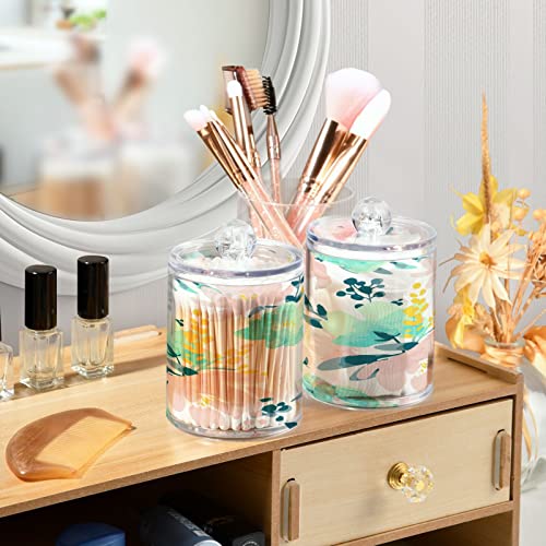 Watercolour Floral Apothecary Jars with Lids, 2 Pack Qtip Holder Dispenser Cotton Ball, Cotton Swab, Floss - 14 oz Clear Plastic Countertop Canister for Bathroom Organizer and Storage Containers