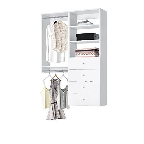 Closet Kit with Hanging Rods, Shelves & Drawers - Corner Closet System - Closet Shelves - Closet Organizers and Storage Shelves (White, 48 inches Wide) Closet Shelving