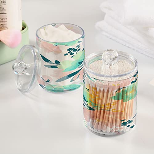 Watercolour Floral Apothecary Jars with Lids, 2 Pack Qtip Holder Dispenser Cotton Ball, Cotton Swab, Floss - 14 oz Clear Plastic Countertop Canister for Bathroom Organizer and Storage Containers