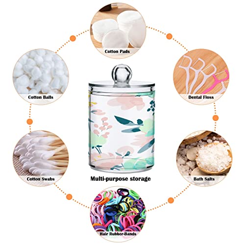 Watercolour Floral Apothecary Jars with Lids, 2 Pack Qtip Holder Dispenser Cotton Ball, Cotton Swab, Floss - 14 oz Clear Plastic Countertop Canister for Bathroom Organizer and Storage Containers