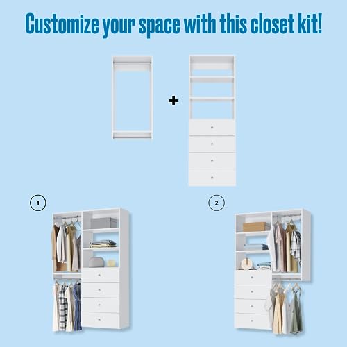 Closet Kit with Hanging Rods, Shelves & Drawers - Corner Closet System - Closet Shelves - Closet Organizers and Storage Shelves (White, 48 inches Wide) Closet Shelving