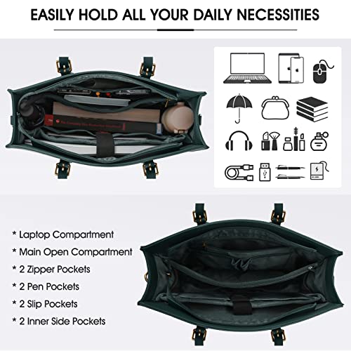 Laptop Bag for Women 15.6 Inch Laptop Tote Bag Leather Waterproof Work Bags Professional Business Office Computer Briefcase Large Capacity Shoulder Bag Dark Green