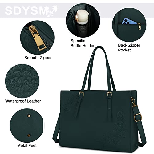 Laptop Bag for Women 15.6 Inch Laptop Tote Bag Leather Waterproof Work Bags Professional Business Office Computer Briefcase Large Capacity Shoulder Bag Dark Green
