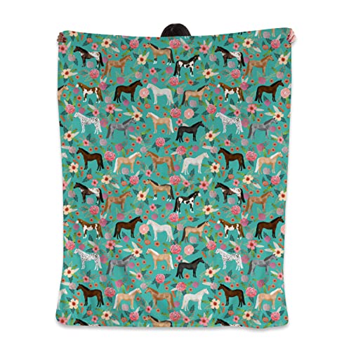 Flannel Fleece Plush Throw Blanket,Horses Floral Horse Breeds Farm Animal Pets Flowers Pattern Throw for Recliner, Air Conditioning Blanket 50x40 inch