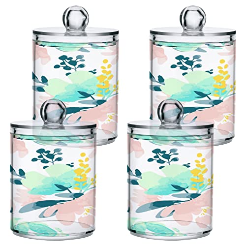 Watercolour Floral Apothecary Jars with Lids, 2 Pack Qtip Holder Dispenser Cotton Ball, Cotton Swab, Floss - 14 oz Clear Plastic Countertop Canister for Bathroom Organizer and Storage Containers