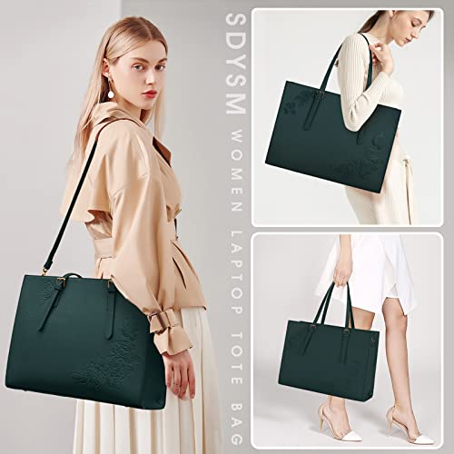 Laptop Bag for Women 15.6 Inch Laptop Tote Bag Leather Waterproof Work Bags Professional Business Office Computer Briefcase Large Capacity Shoulder Bag Dark Green