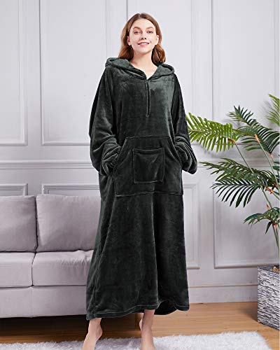 Hilarocky Blanket Hoodie Oversized Fleece Wearable Blanket Flannel Sweatshirt Blankets with Large Double Front Pocket, Quarter-Zippers Ultra Cozy Plush Blanket for Dark Grey